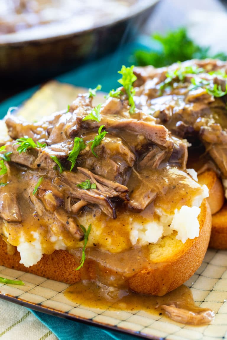Hot Beef Sandwiches with Mashed Potatoes and Gravy - Spicy Southern Kitchen