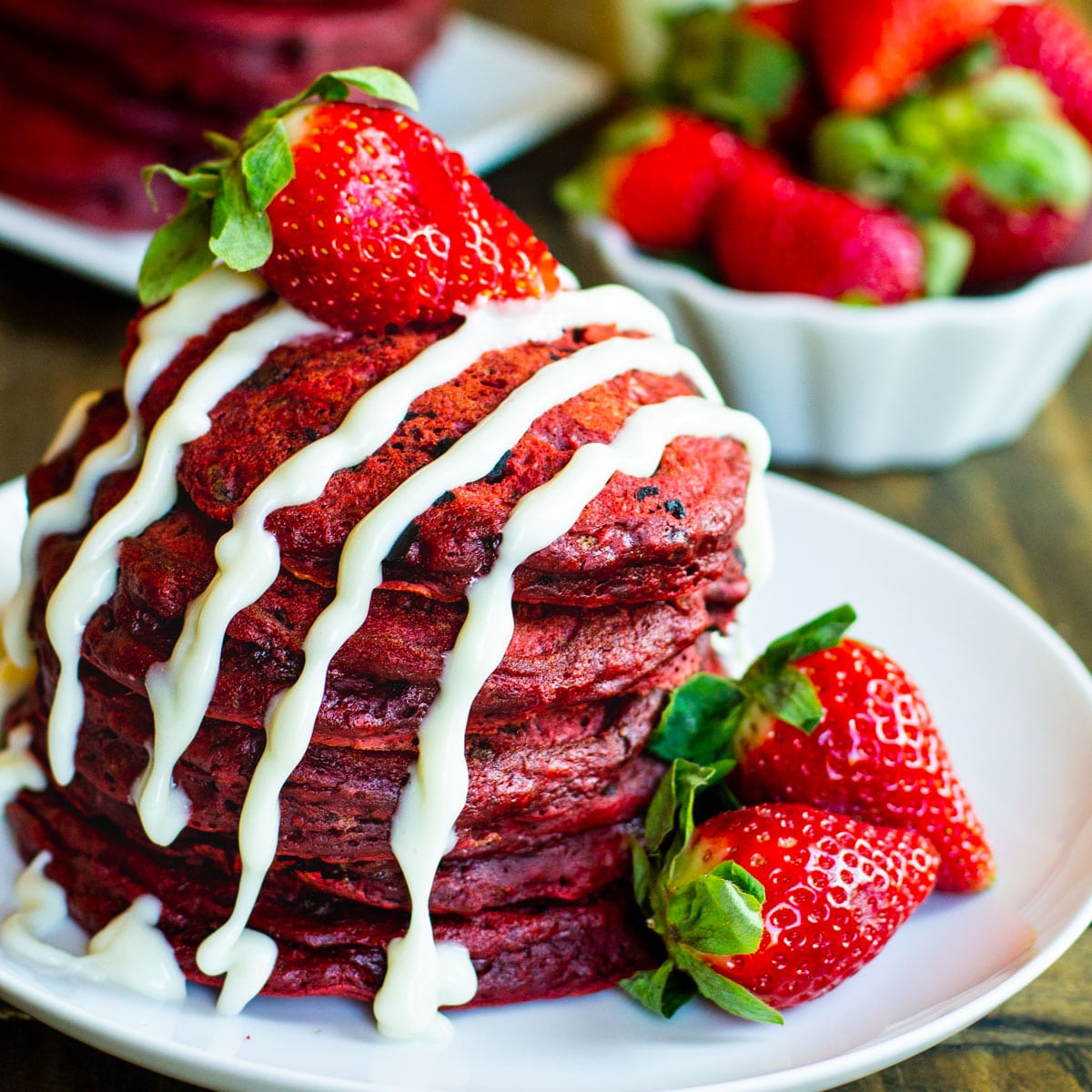 Red Velvet Pancakes with Cream Cheese Drizzle - Spicy Southern Kitchen