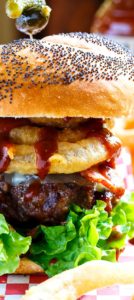 Cowboy Burgers topped with Onion Rings - Spicy Southern Kitchen